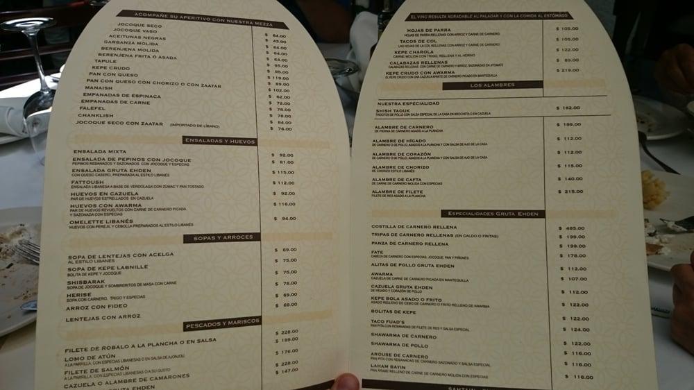 Carta del restaurante GRUTA EHDEN, Ciudad del México, Calle Pino 69