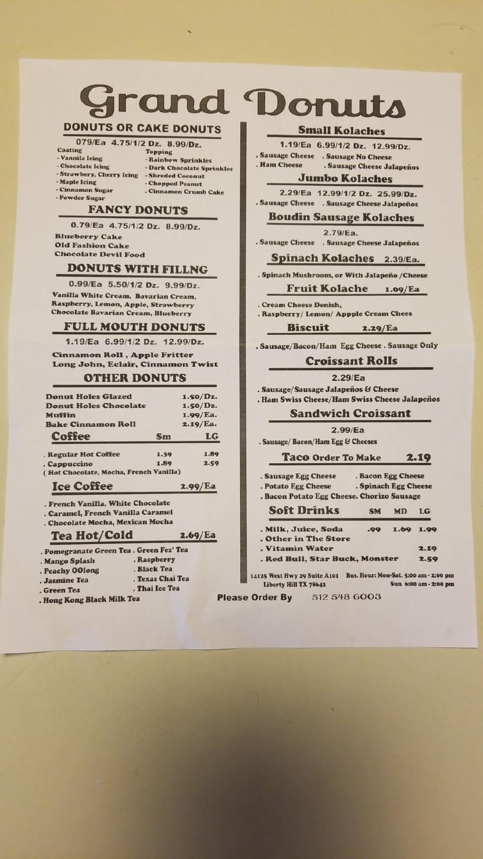 Menu at Grand Donuts, Liberty Hill