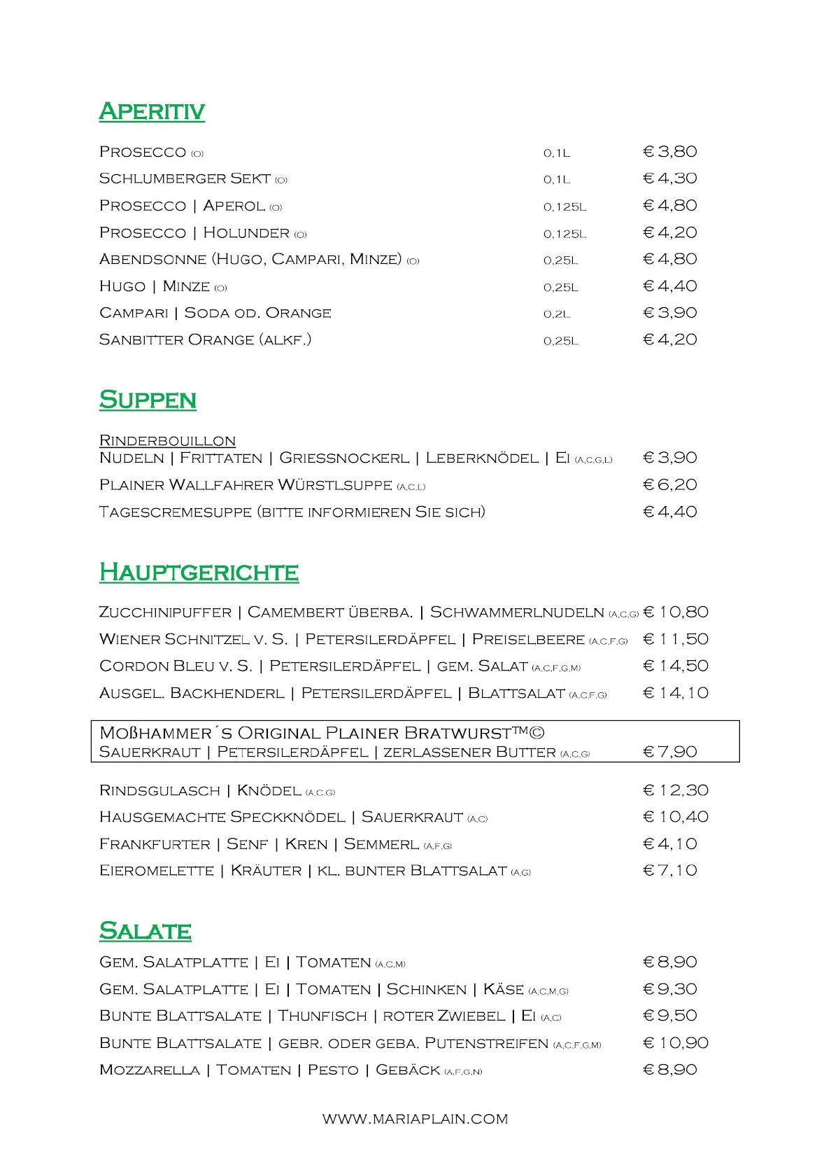 Speisekarte von Gasthof Maria Plain restaurant, Bergheim bei Salzburg