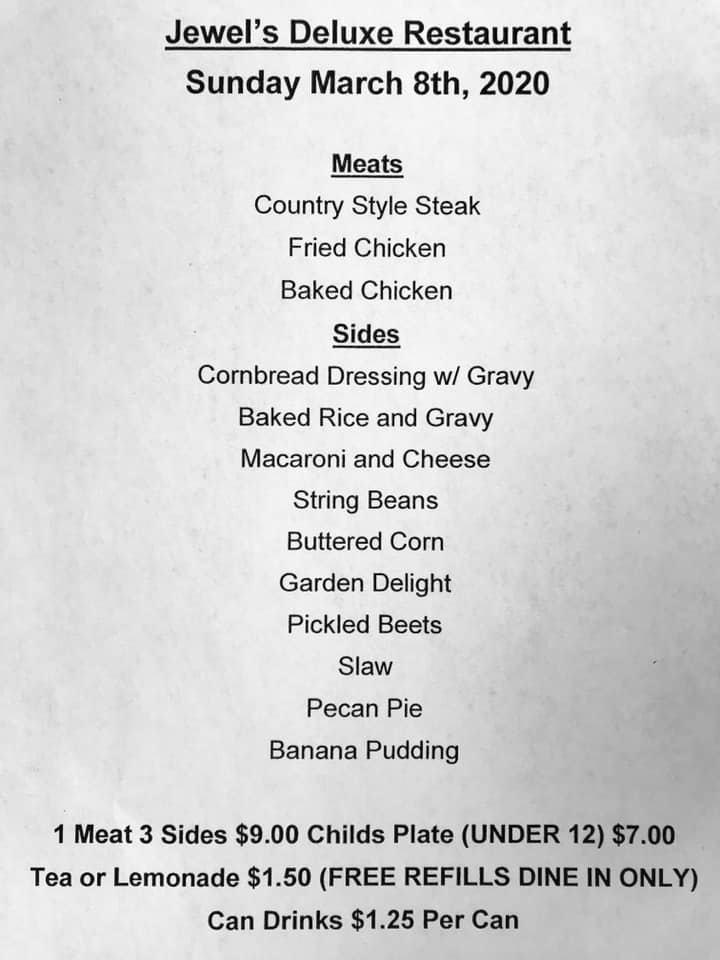 Menu at Jewel's Deluxe Restaurant, Darlington