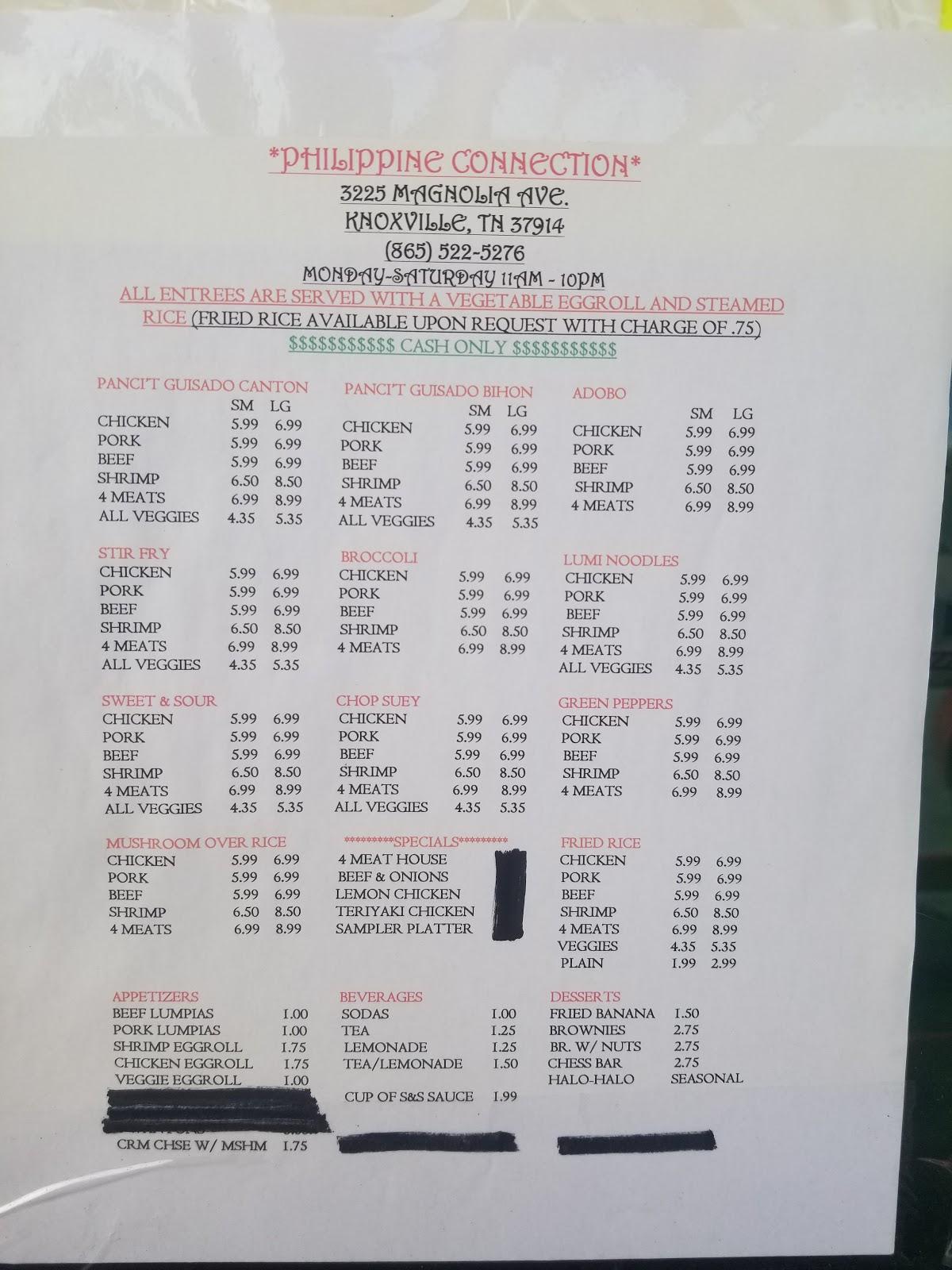 Menu at Philippine Connection Carry Out Food restaurant, Knoxville