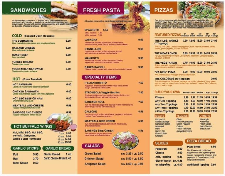 Menu at The Pizza Store (Est. 1976) restaurant, Orange
