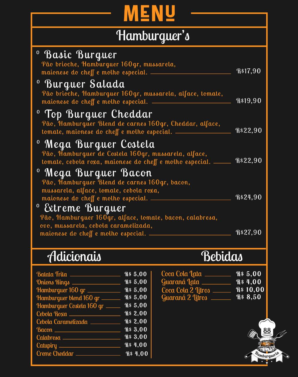 Menu at 88 Hamburgueria restaurant, Arapongas