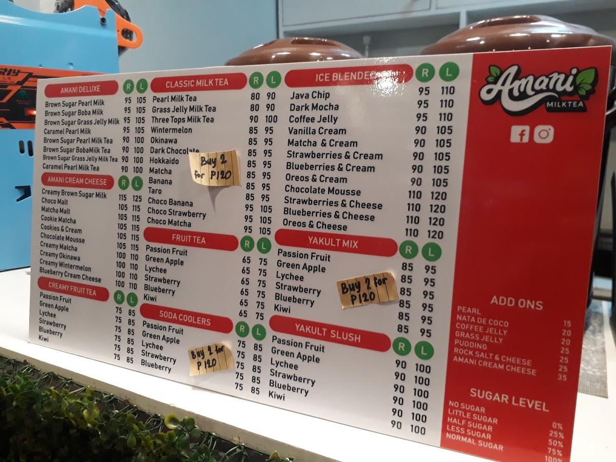 Menu at Amani milktea cafe, Tagbilaran City