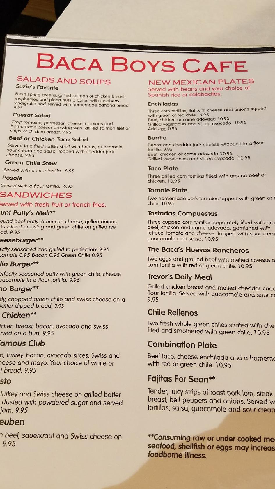 Menu at Baca Boys Cafe, Albuquerque