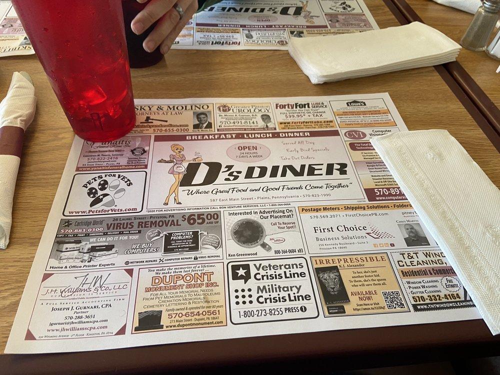 Menu at D's Diner restaurant, Wilkes-Barre