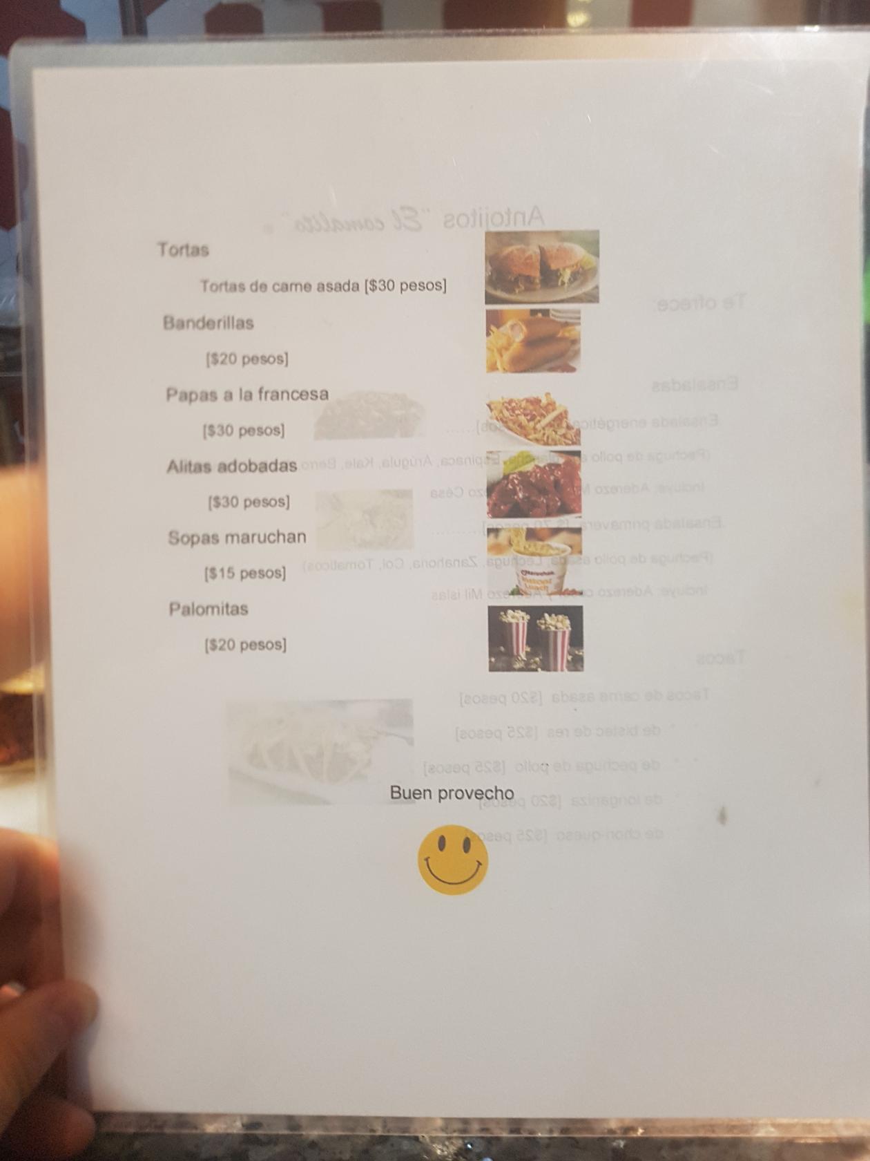 Menu at El Comalito restaurant, Playa del Carmen