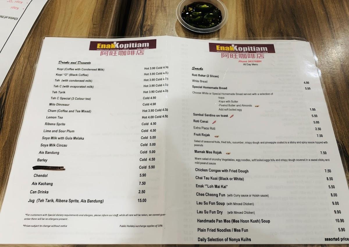 Menu at Enak Kopitiam restaurant, Willetton, shop 11/61 Apsley Rd