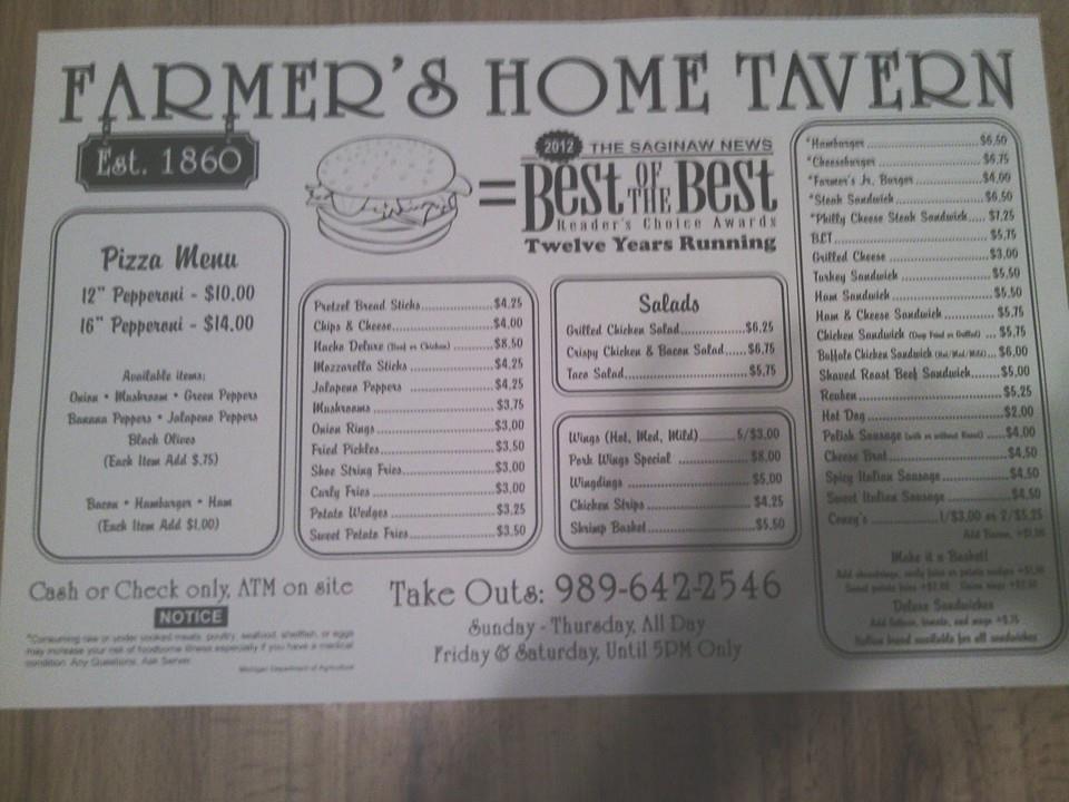 Carta del pub y bar Farmers Home Tavern, Hemlock