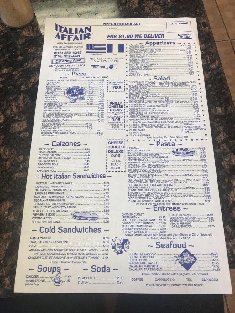 Menu at Italian Affair pizzeria, New York City, 225-02 Jamaica Ave