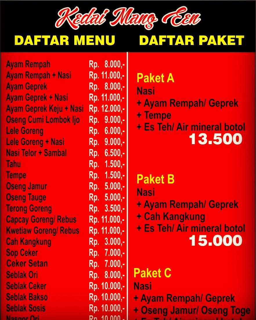 Menu at Kedai Mang Een restaurant, Sendangadi