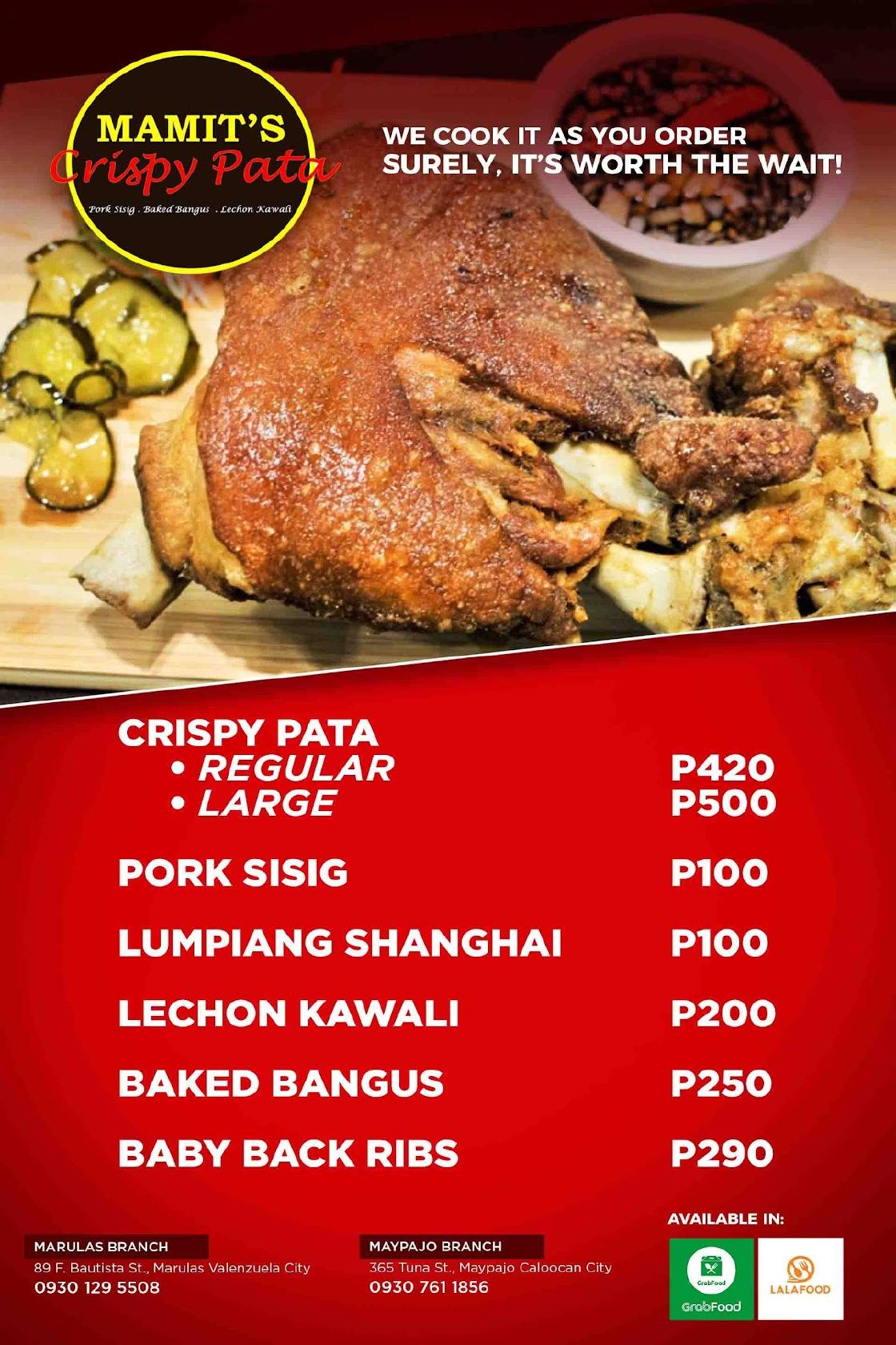 Menu at Mamit’s Crispy Pata- F.Bautista restaurant, Valenzuela
