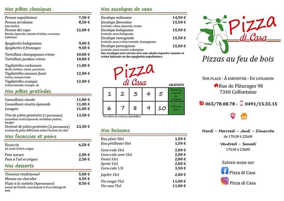 Menu at Pizza di Casa, Colfontaine