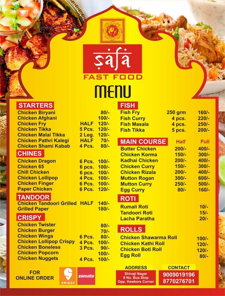 Menu at Safa Fast Food, Bhopal