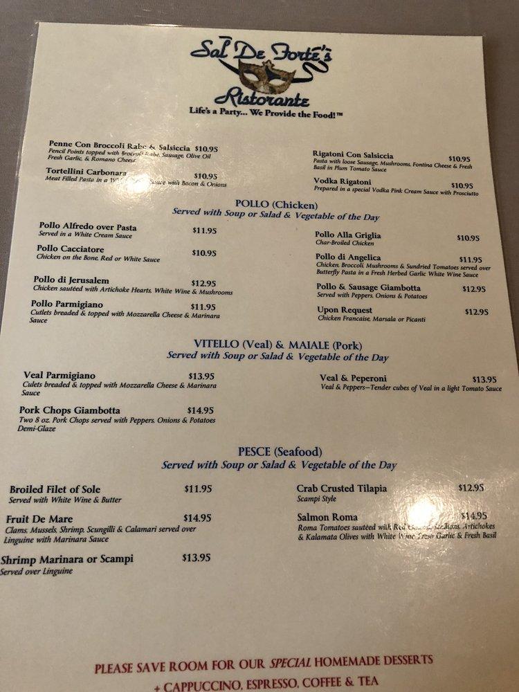 Menu at Sal De Forte's restaurant, Ewing Township