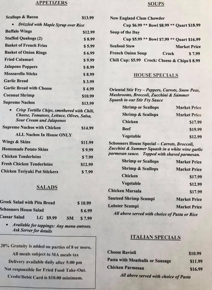 Menu at Schooner's restaurant, Hull
