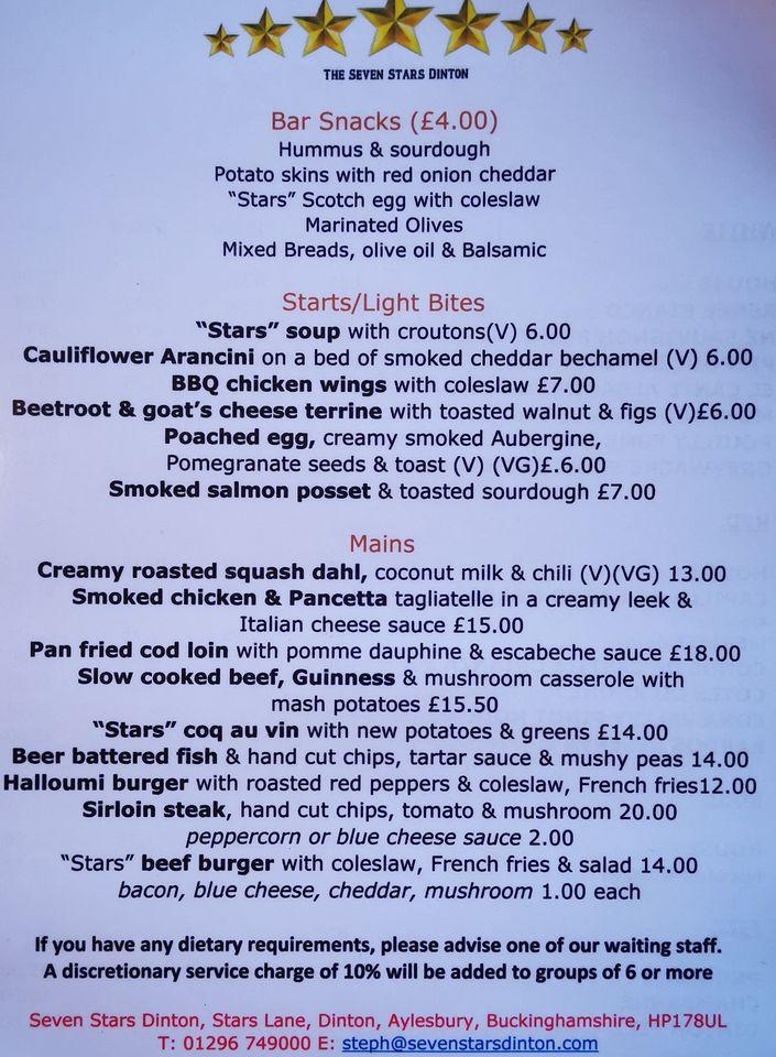 Menu at Seven Stars pub & bar, Dinton-with-Ford and Upton, Stars Ln