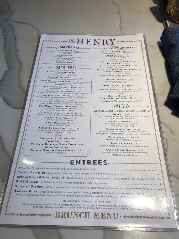 Menu at The Henry restaurant, Coronado