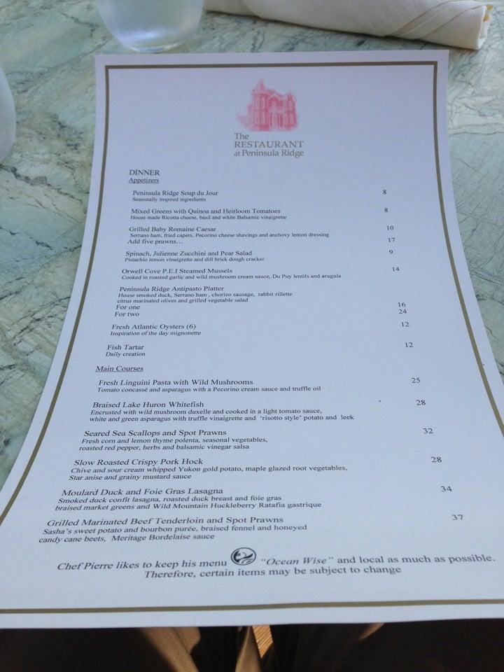 Menu at The Restaurant at Peninsula Ridge, Lincoln
