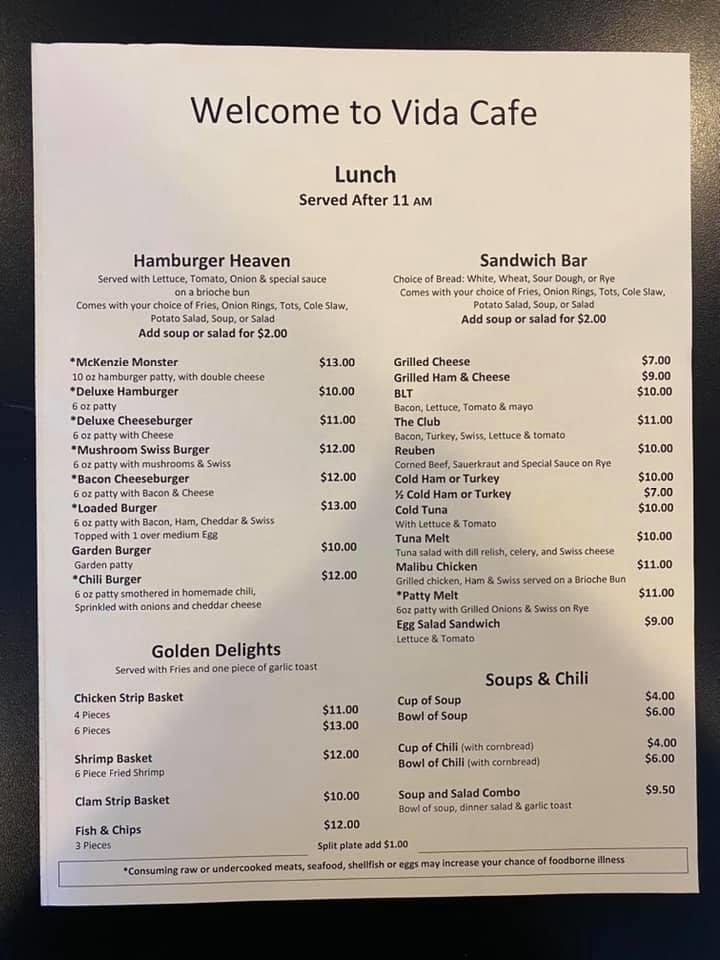 Menu at Vida Cafe, Vida