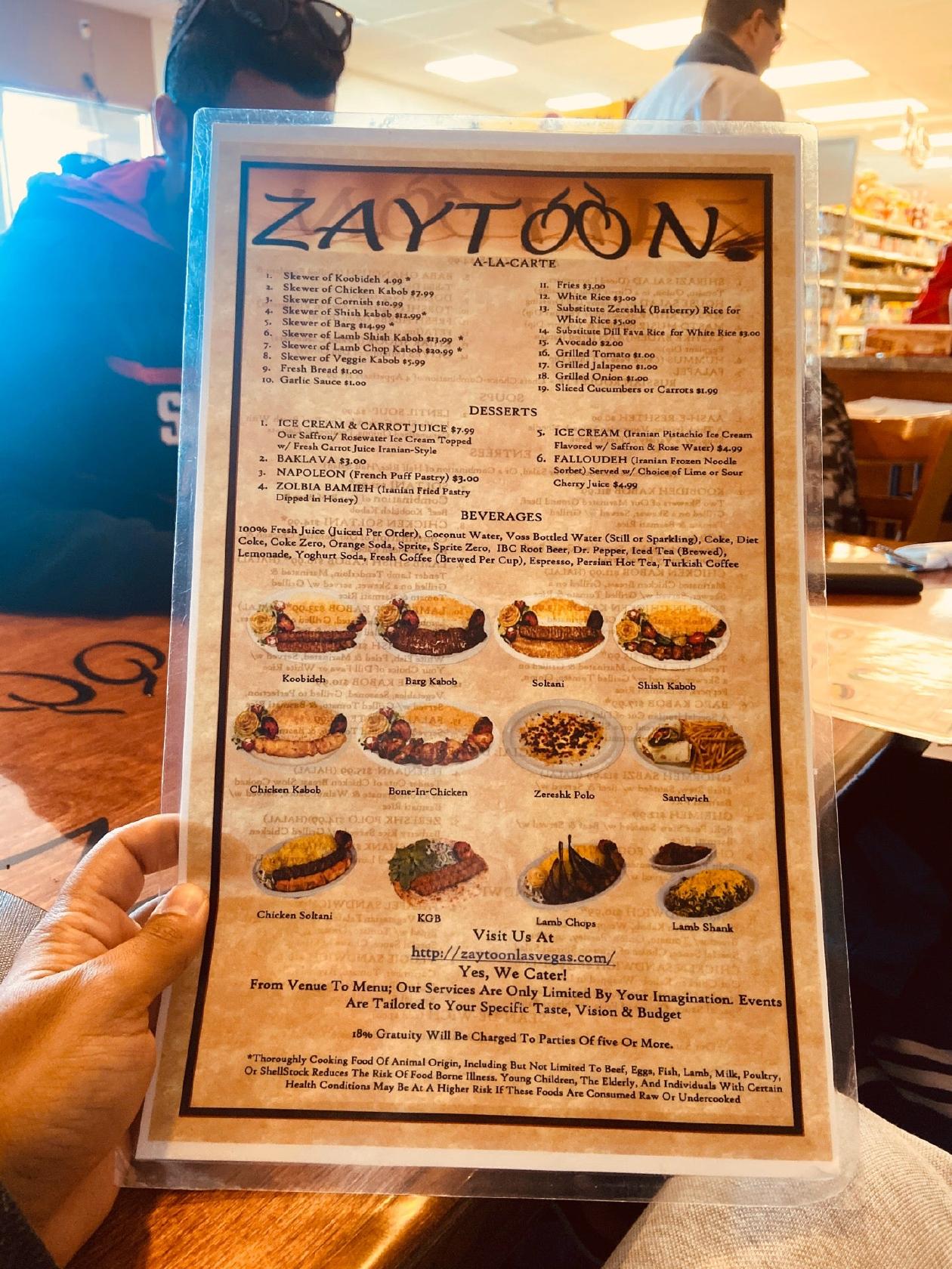 Menu at Zaytoon restaurant, Las Vegas