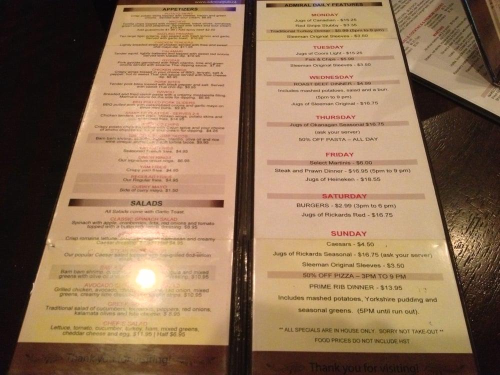 Menu at Admiral Pub, Burnaby