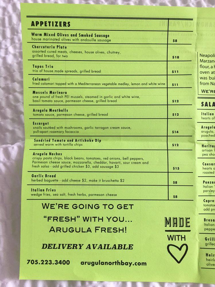 Menu at Arugula restaurant, North Bay