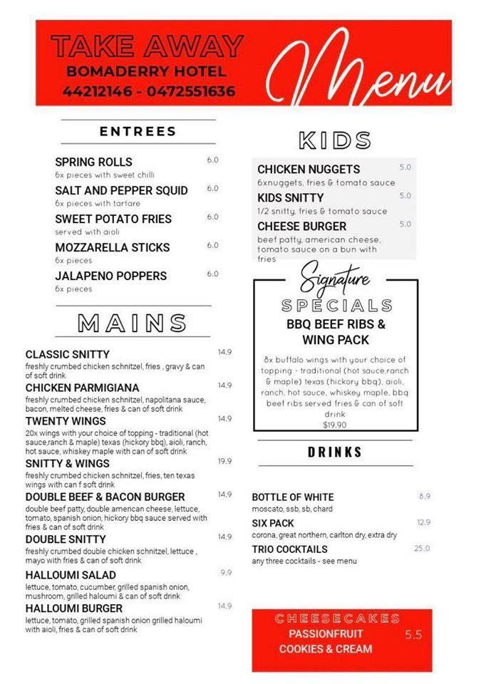 Menu at Bomaderry Hotel pub & bar, Bomaderry