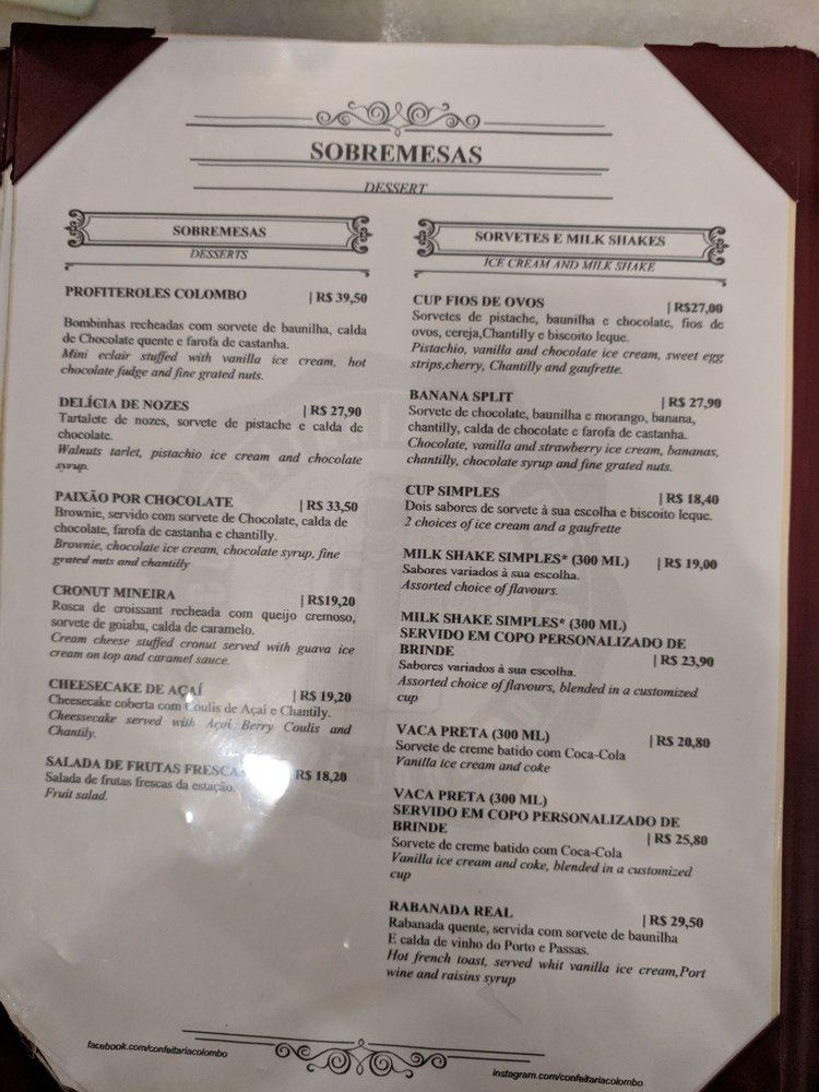 Menu at Confeitaria Colombo - Café do Forte, Rio de Janeiro, Posto 6 ...