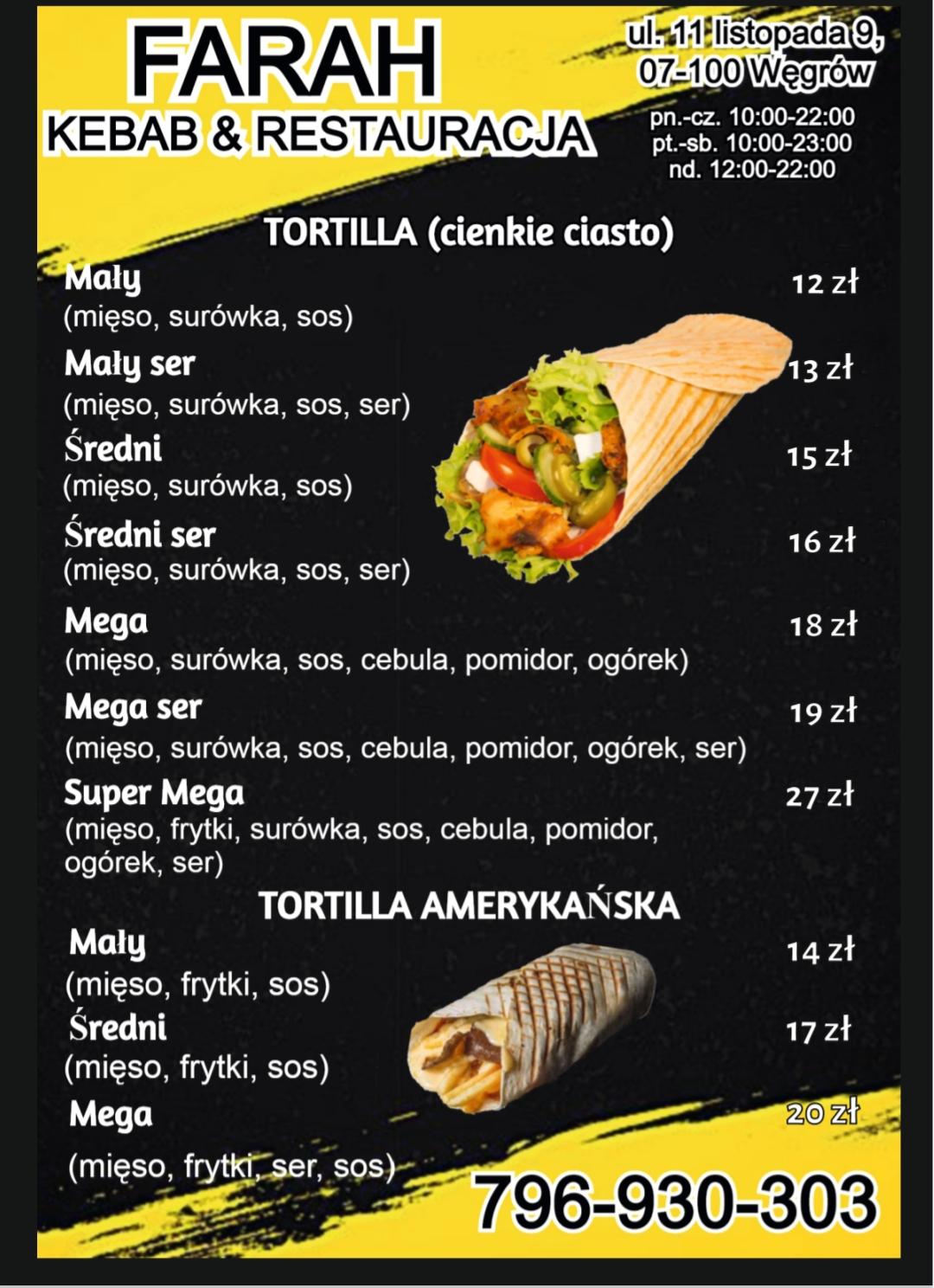 Menu at FARAH KEBAB & RESTAURANT, Wegrow