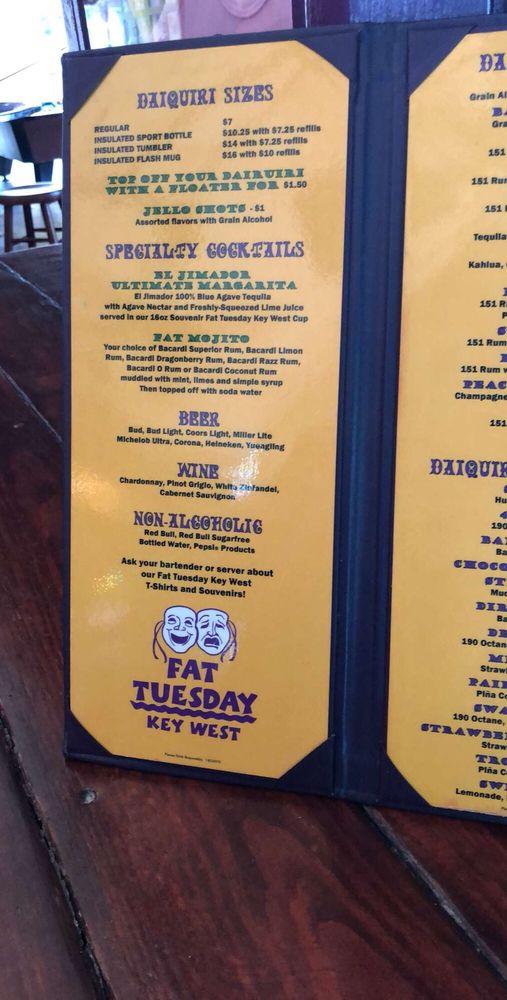 Menu at Fat Tuesday pub & bar, Key West, 305 Duval St