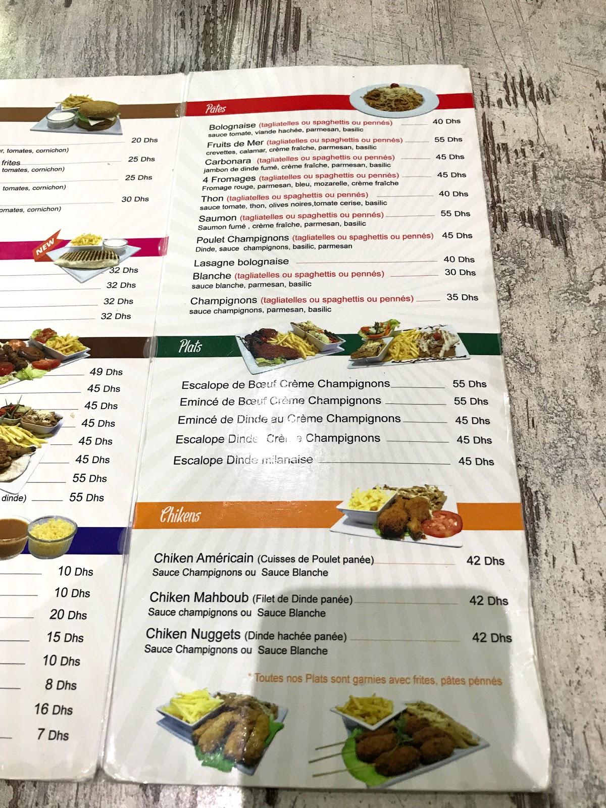 Menu au Mahboub restaurant, Casablanca