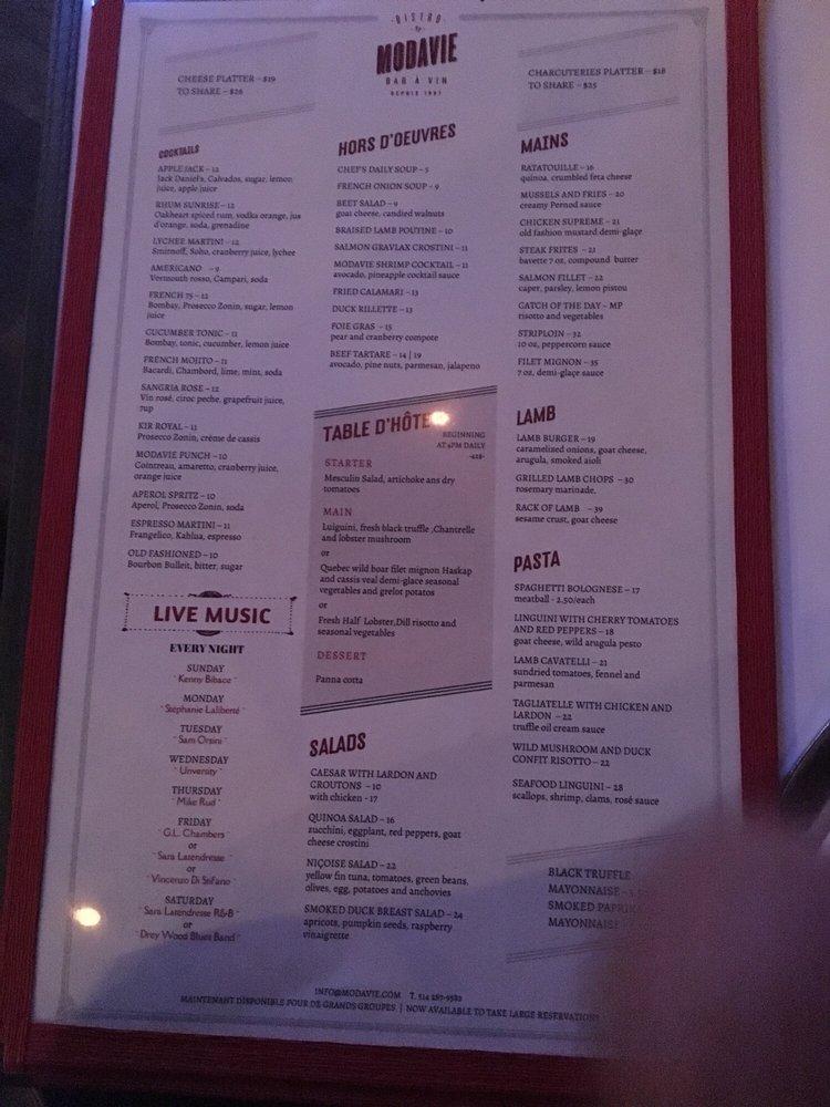 Menu at Modavie restaurant, Montréal, 1 Saint-Paul St W
