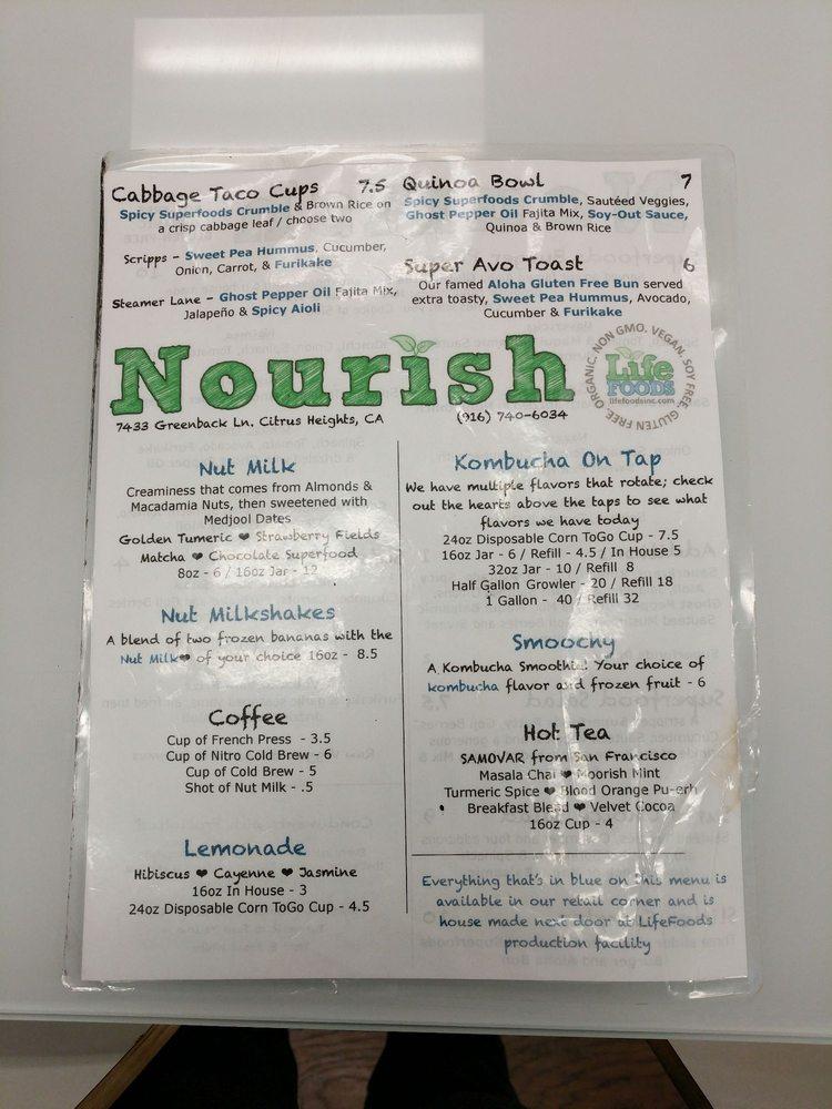 Menu at Nourish Health Bar and Cafe, Citrus Heights