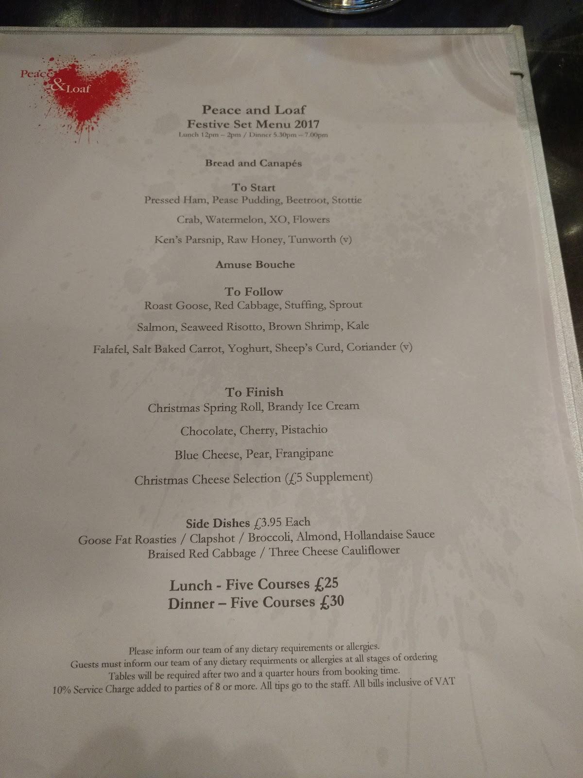 Menu at Peace & Loaf restaurant, Newcastle upon Tyne