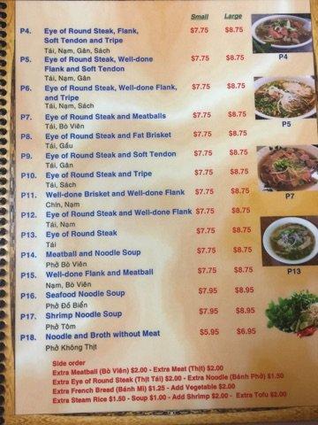 Menu at Pho One restaurant, Lewisville