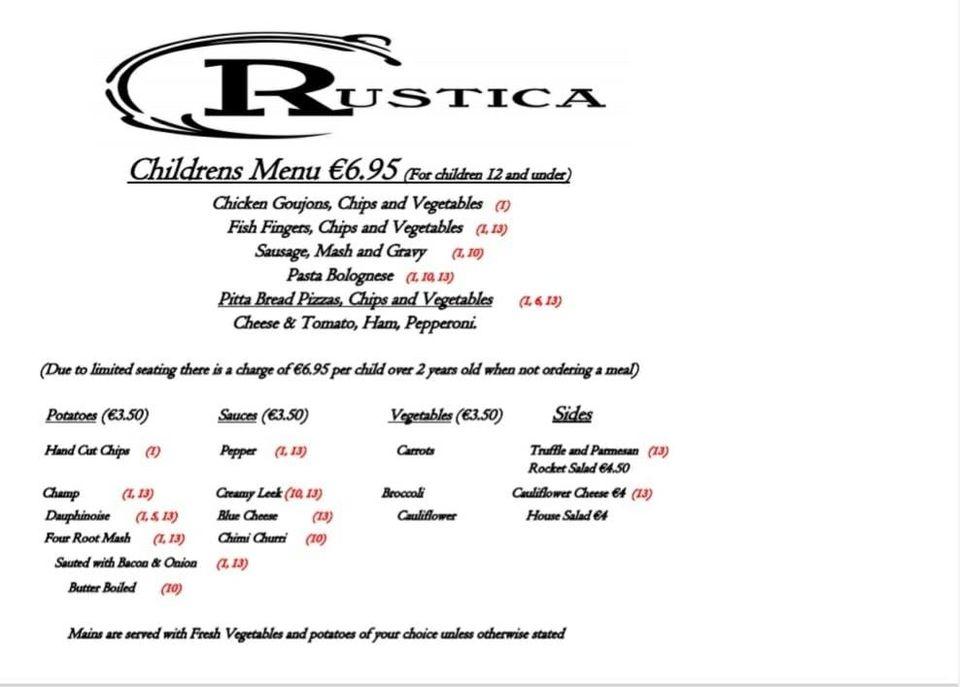 Menu at Rustica restaurant, Los Dolses