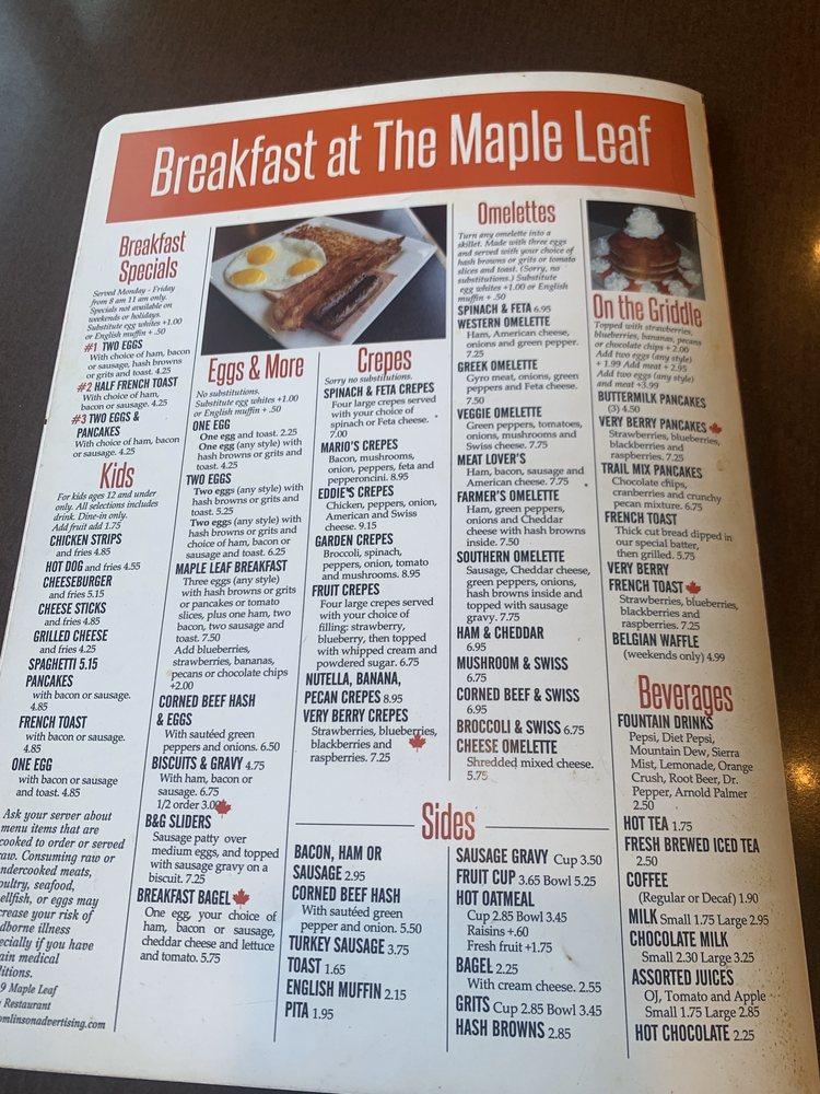 Menu at The Maple Leaf Restaurant, Troy