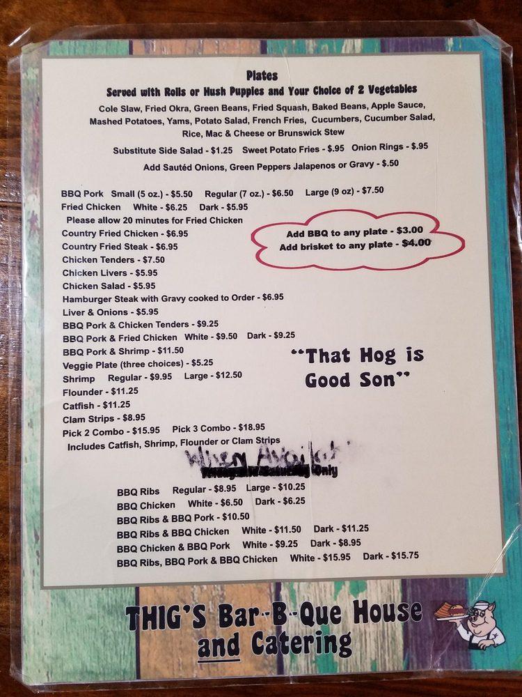 Menu at Thig's BBQ House, Jacksonville