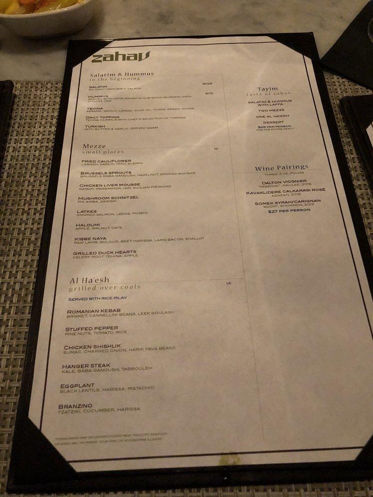 Menu at Zahav restaurant, Philadelphia