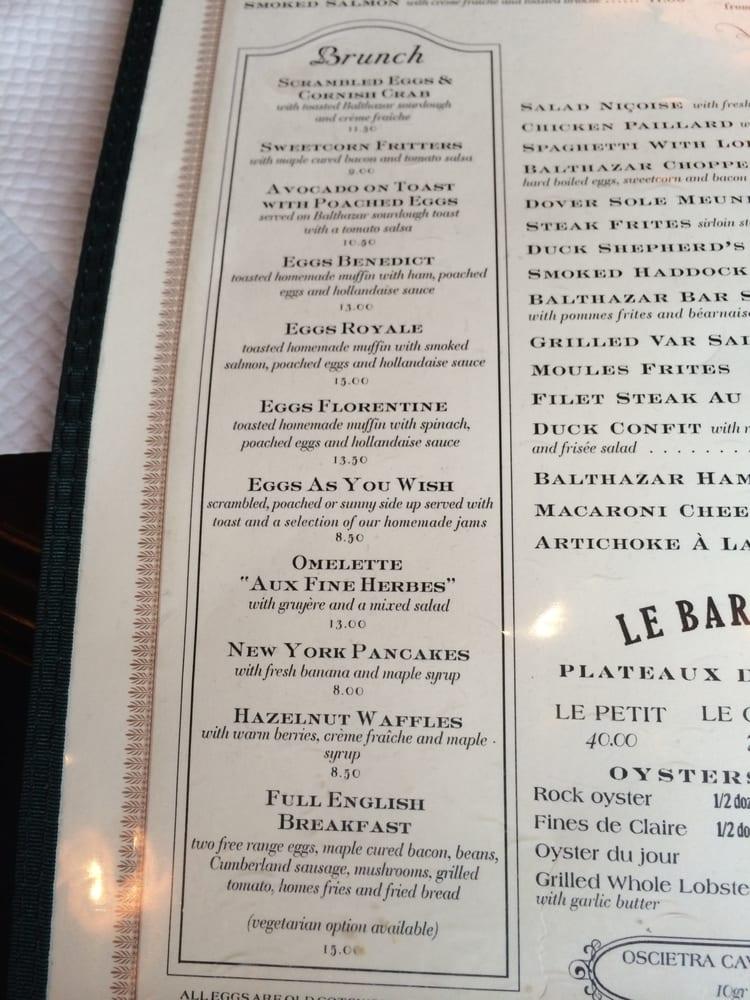 Menu at Balthazar restaurant, London