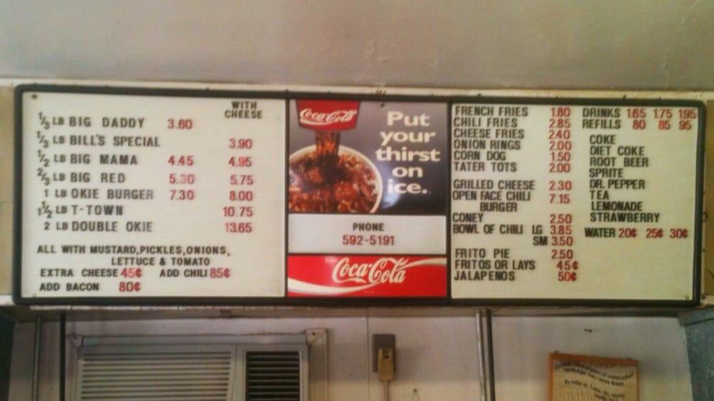 Menu at Bill's Jumbo Burgers fast food, Tulsa