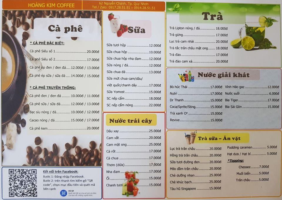 Menu at Cafe Hoàng Kim, Qui Nhơn