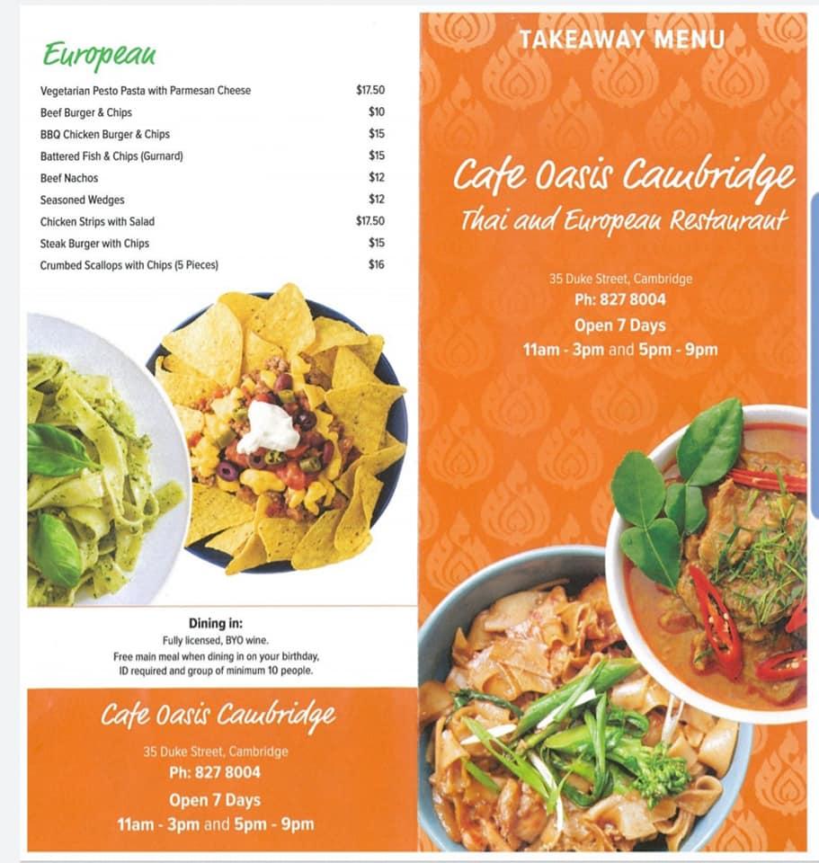 Menu at Cafe Oasis, Cambridge