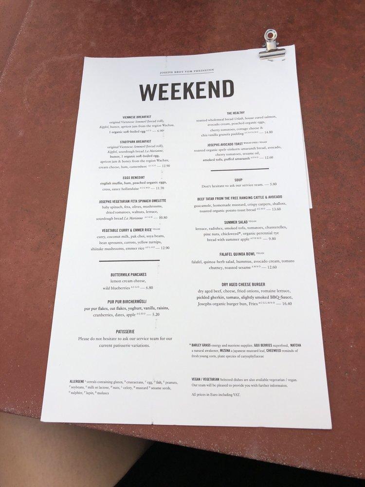 Menu at Joseph Brot cafe, Vienna, Landstraßer Hauptstraße 4