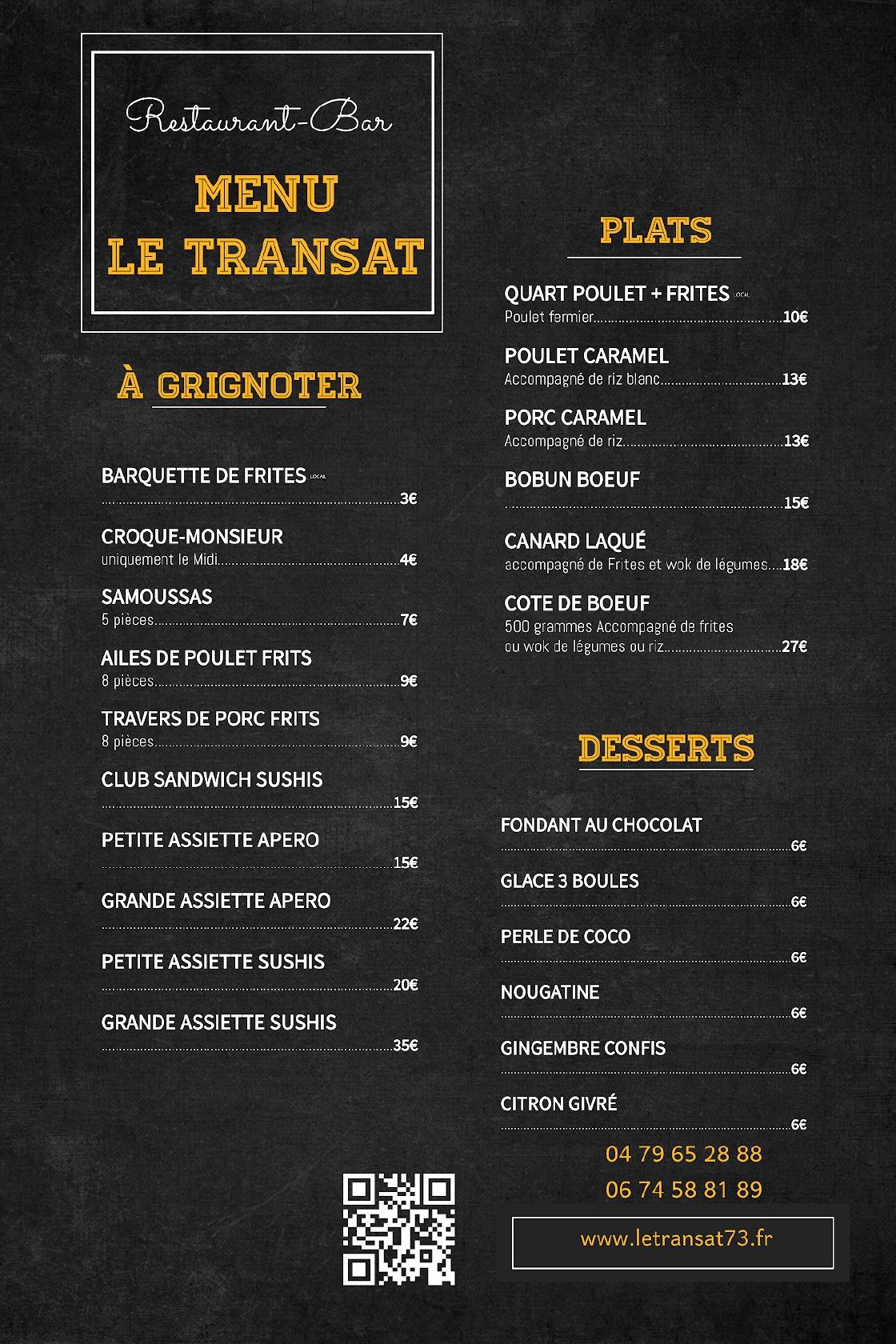 Menu at Le Transat pub & bar, Chambéry