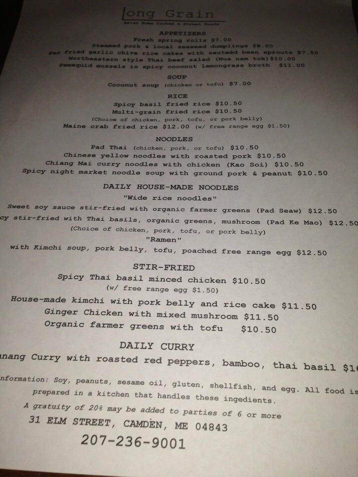 Menu at Long Grain restaurant, Camden, 20 Washington St
