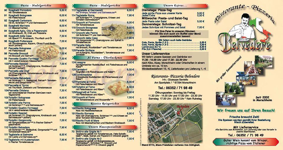 Menu at Belvedere pizzeria, Morschheim