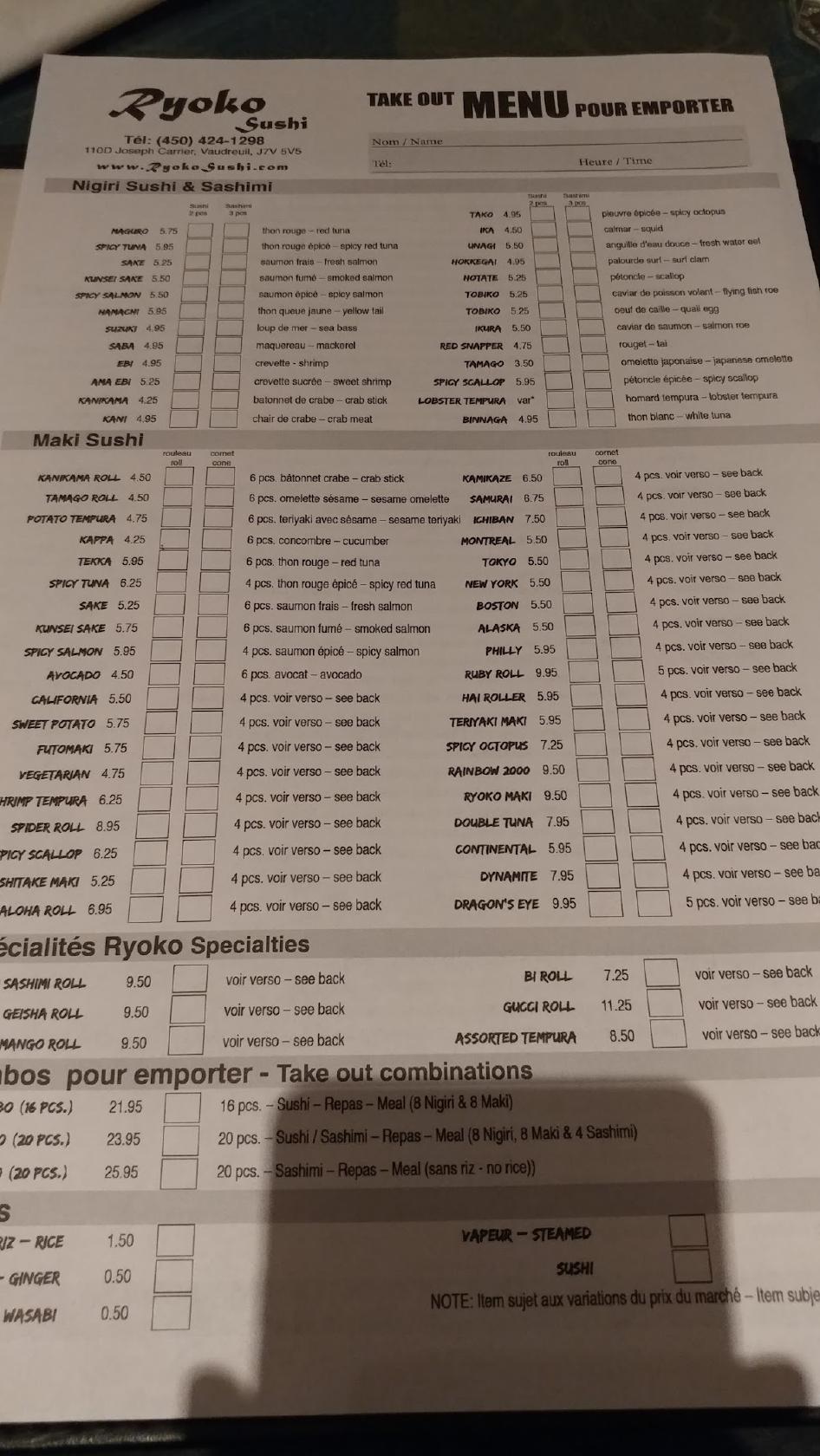 Menu at Ryoko Sushi restaurant, Vaudreuil-Dorion
