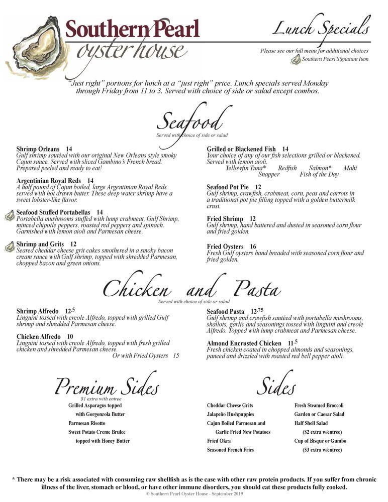 Menu at Southern Pearl Oyster House restaurant, Baton Rouge